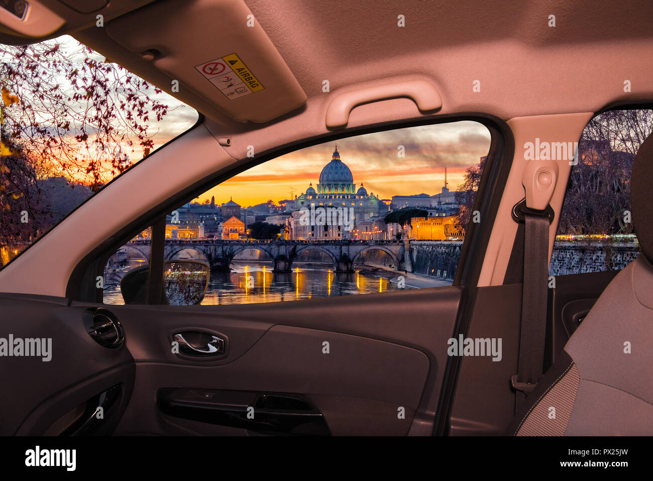 Looking through a car window with view of Saint Peter's Church during a ...