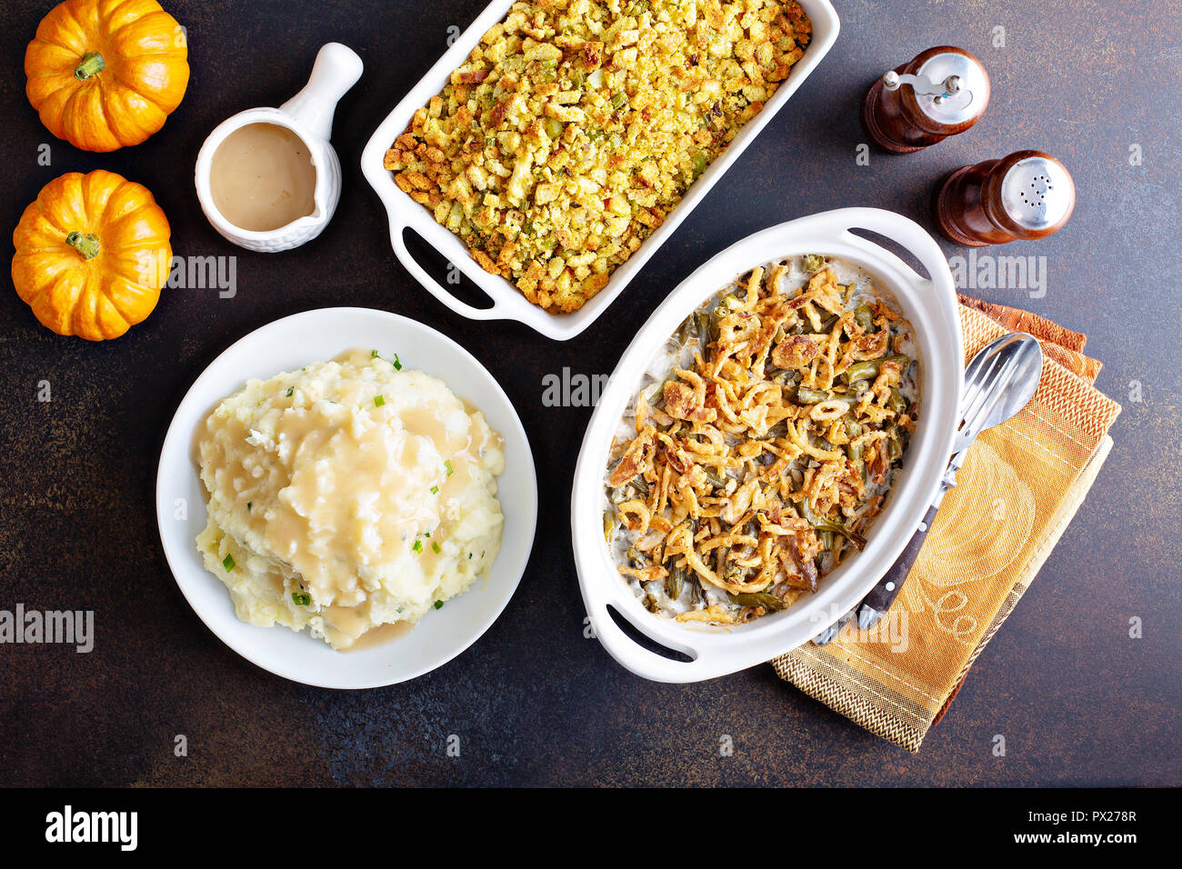 All traditional Thanksgiving side dishes, mashed potatoes, green beans ...
