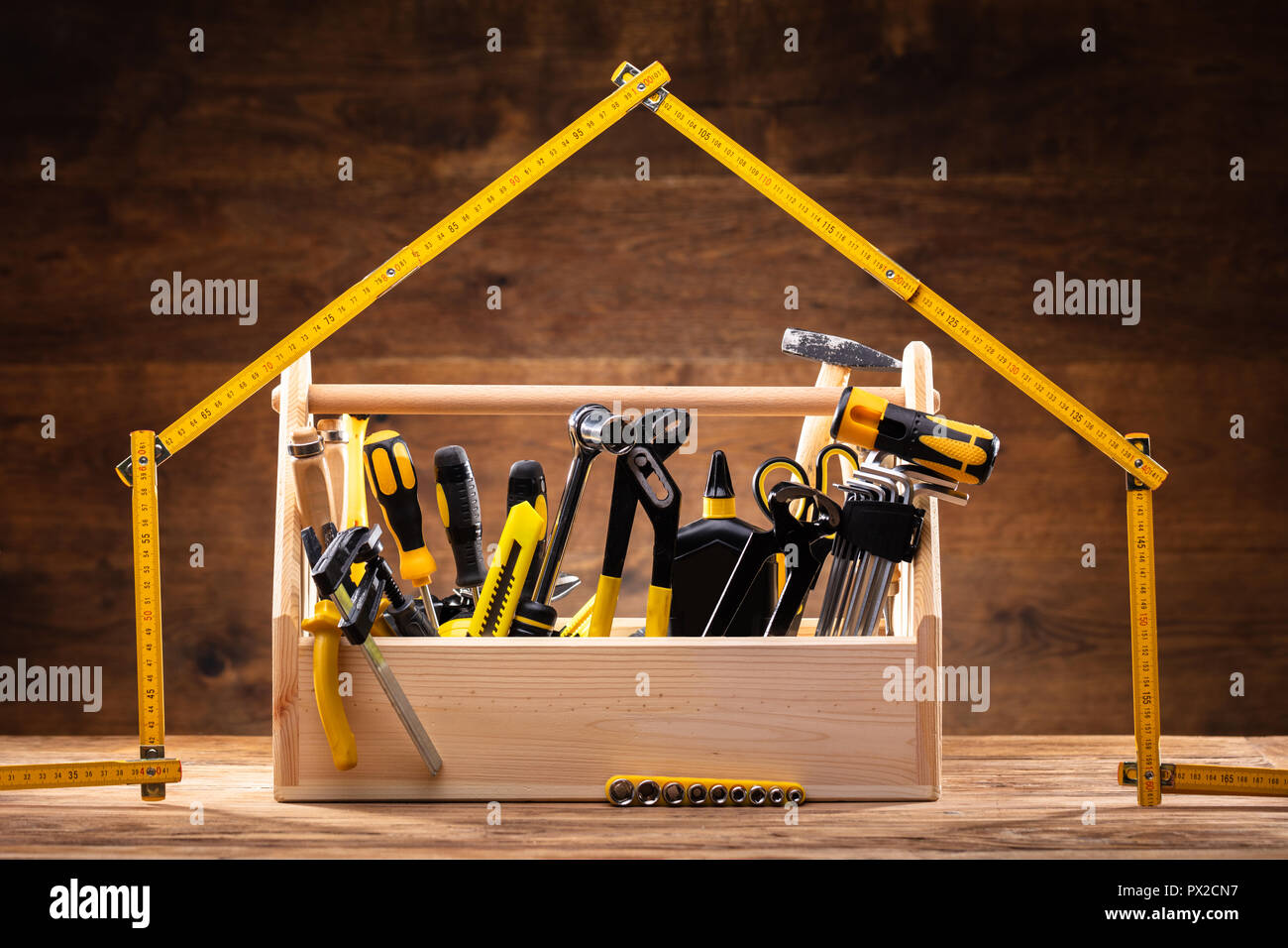 House Made Up Of Measuring Tape Over Toolbox With Various Worktools ...