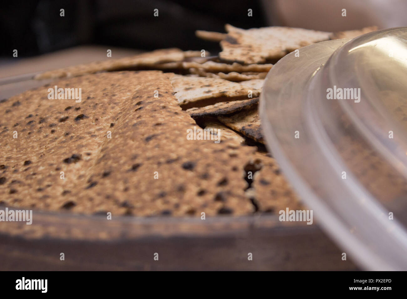 Matzo of Passover in plastic container Shallow Focus Stock Photo - Alamy