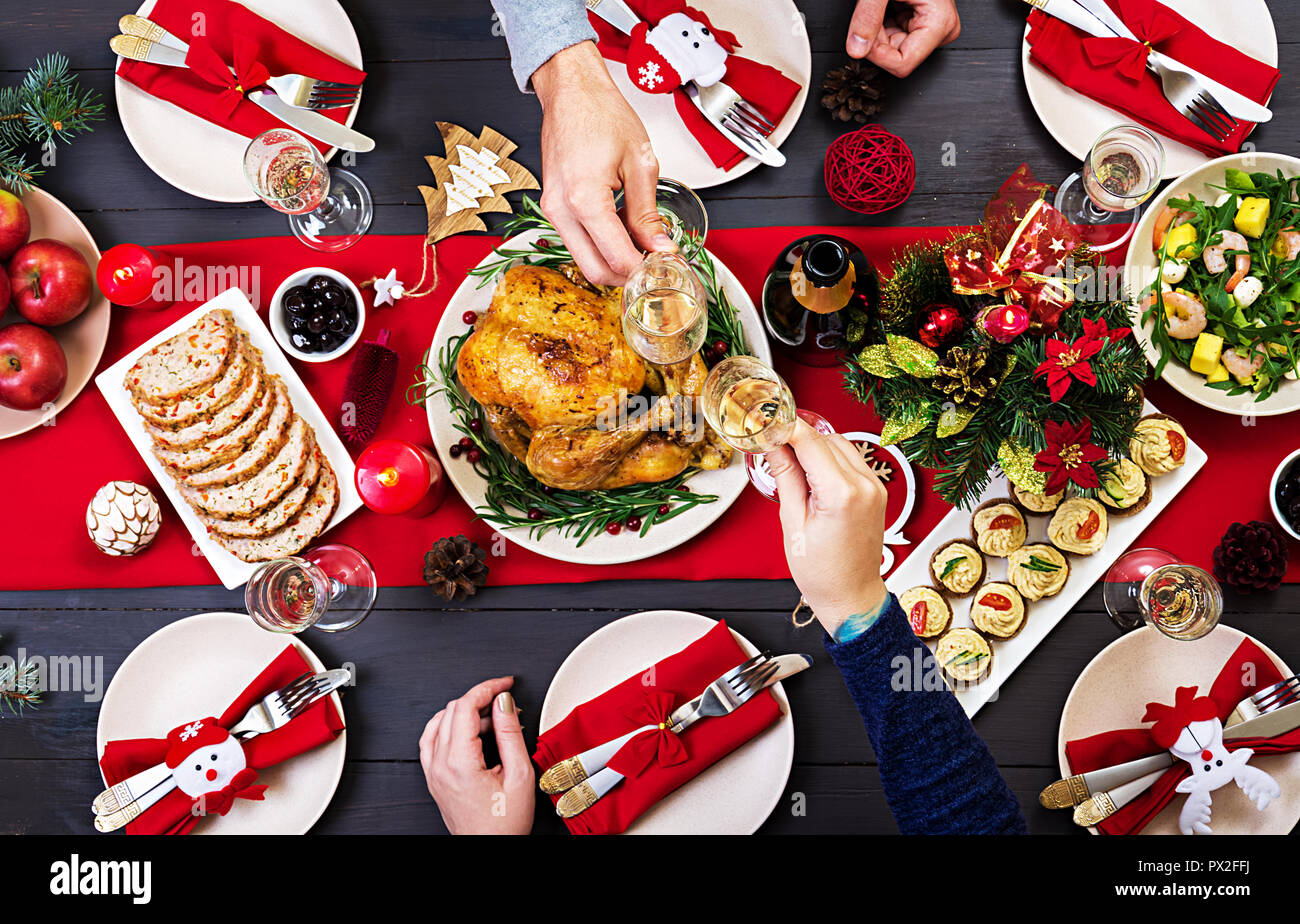 Baked turkey. Christmas dinner. The Christmas table is served with a ...