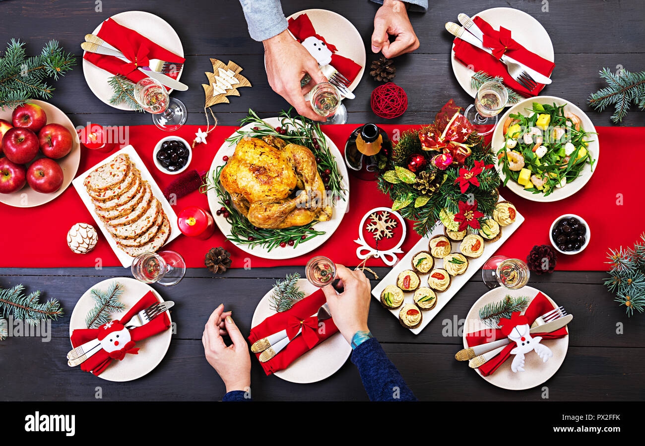 Baked turkey. Christmas dinner. The Christmas table is served with a ...