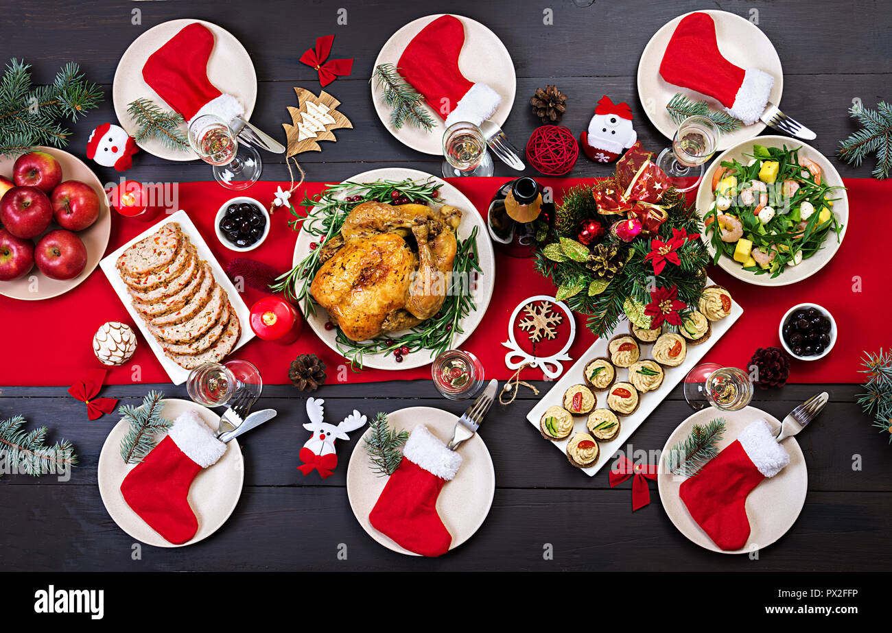 Baked turkey. Christmas dinner. The Christmas table is served with a ...