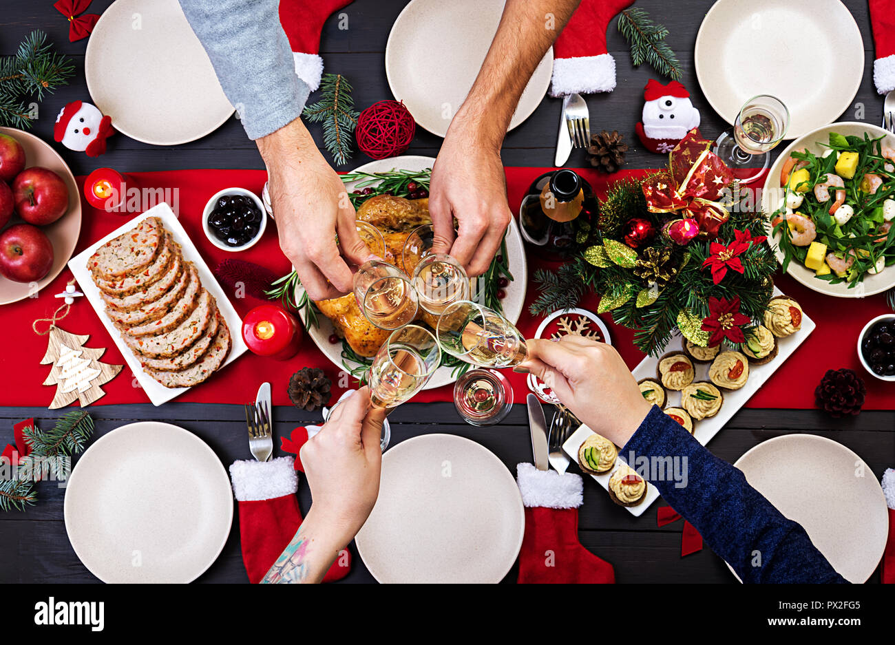 Baked turkey. Christmas dinner. The Christmas table is served with a ...