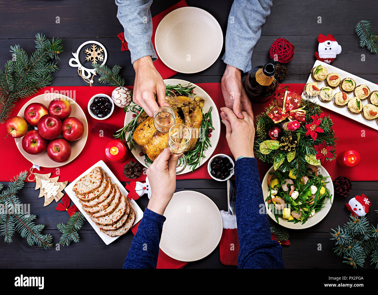 Baked turkey. Christmas dinner. The Christmas table is served with a ...