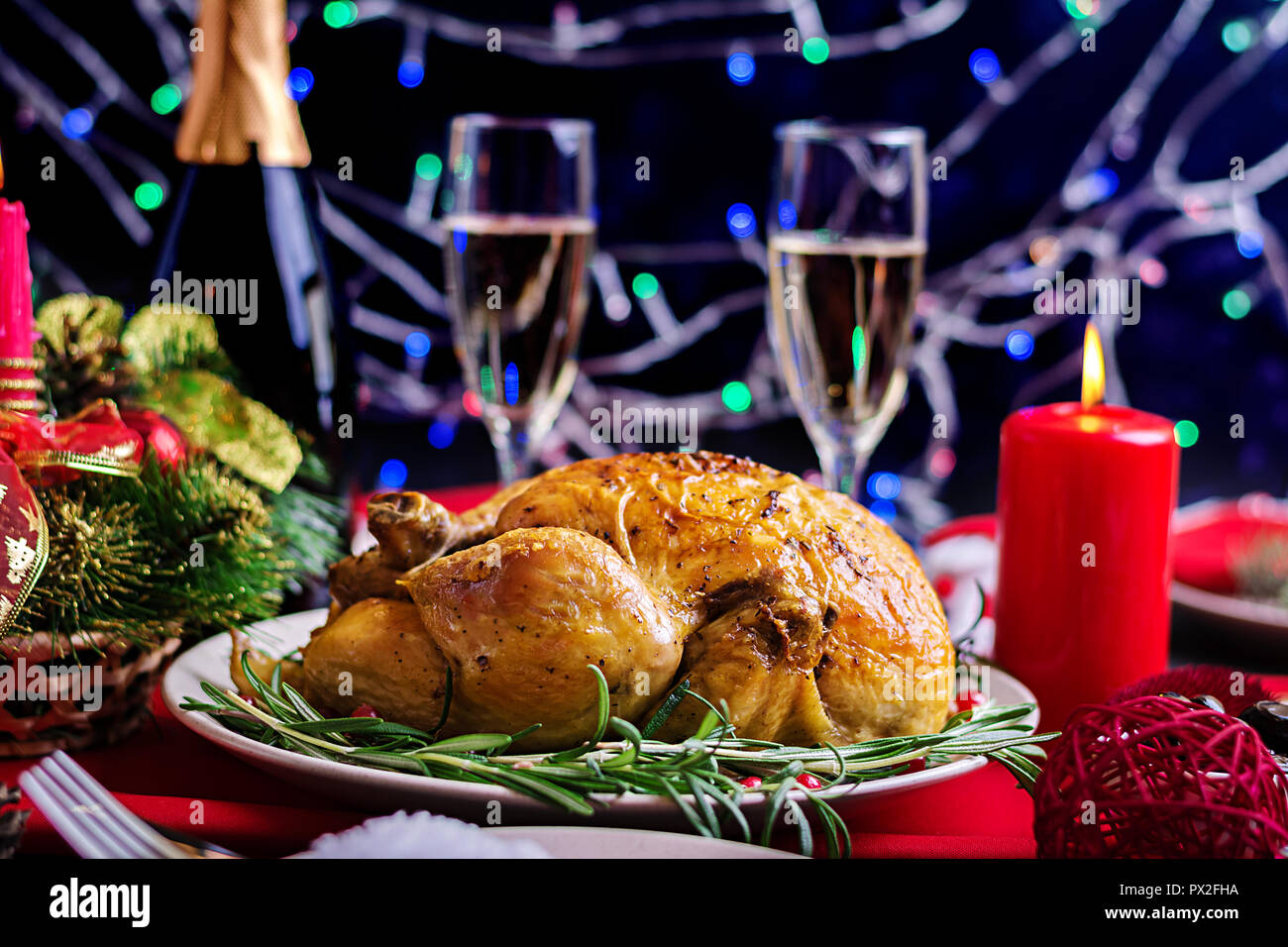 Baked turkey. Christmas dinner. The Christmas table is served with a ...