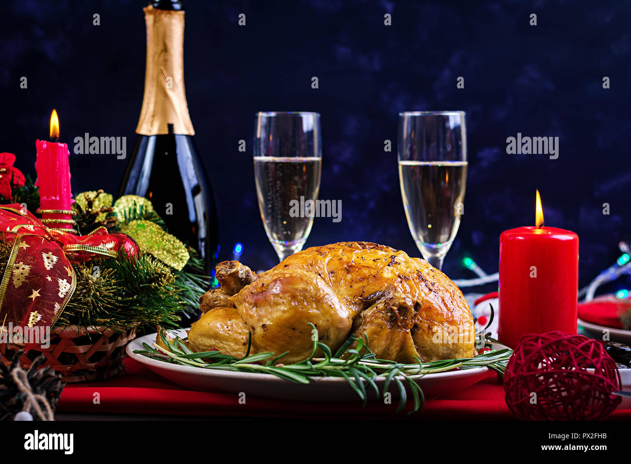 Baked turkey. Christmas dinner. The Christmas table is served with a ...