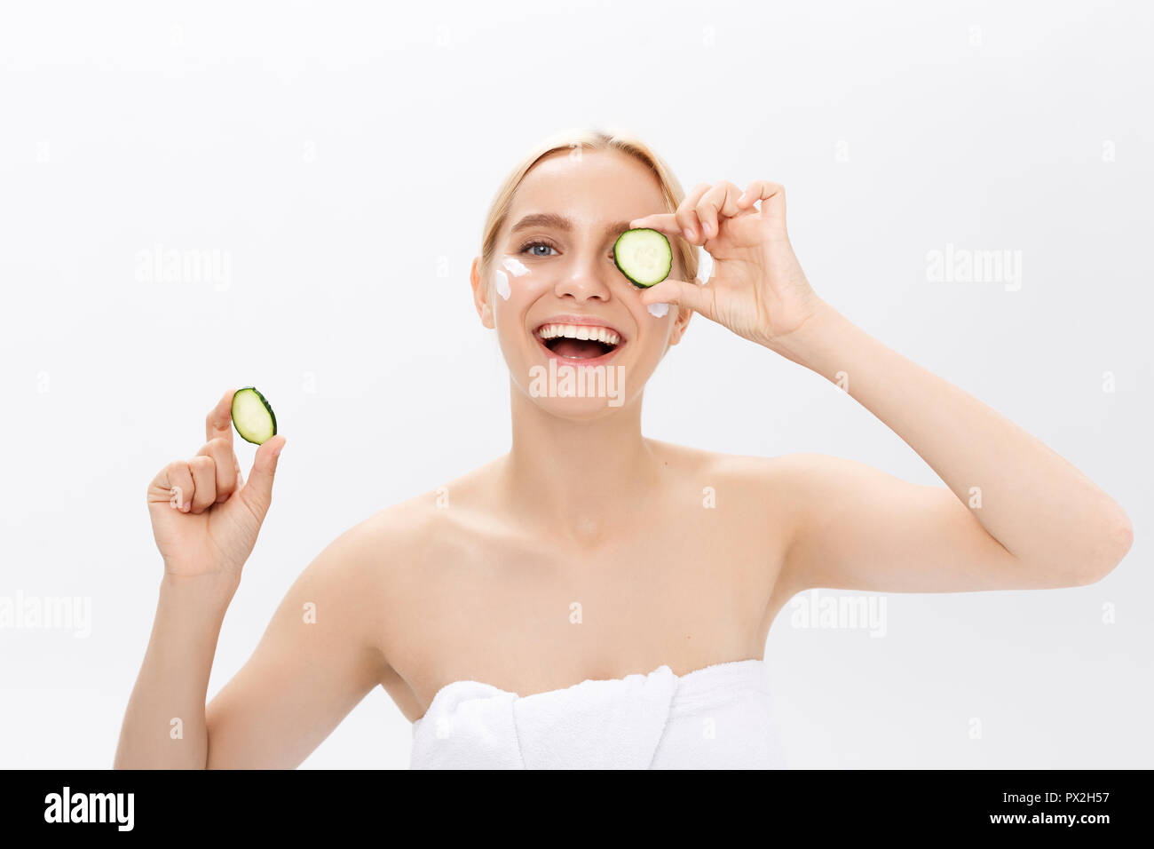 Close-up face of beautiful woman with clean fresh healthy skin and with ...