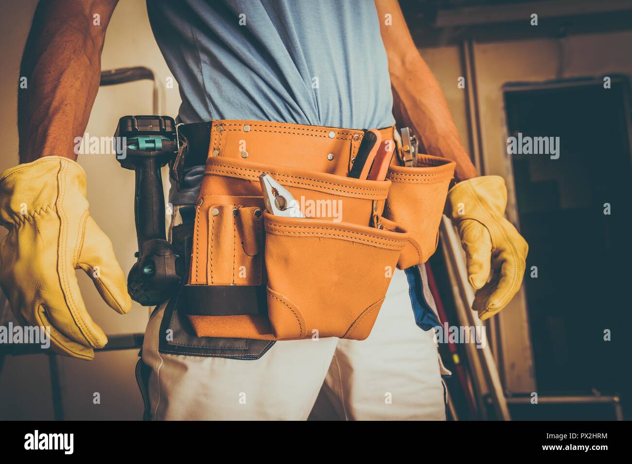 Construction Worker Job. Caucasian Men with Leather Tools Belt ...