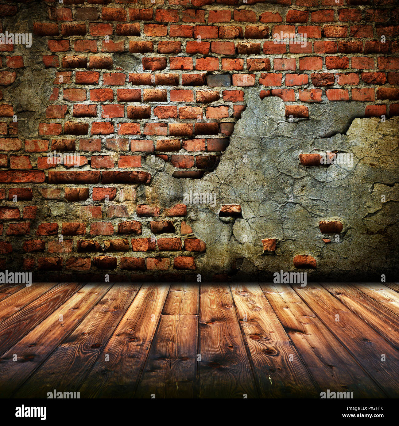 empty toom with wooden floor and brick wall Stock Photo - Alamy