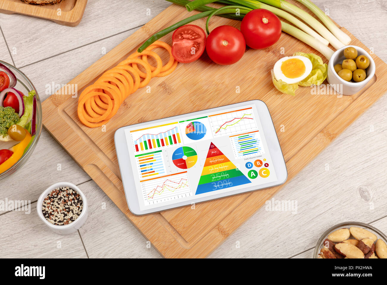 healthy eating concept - close up of tablet with several dieting ...