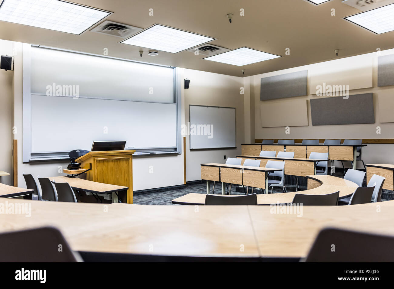 Rounded stadium seating in small lecture hall, university, college ...