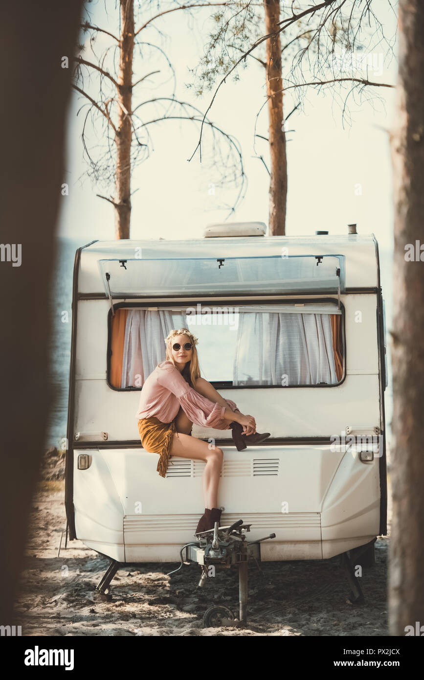Female sitting in trailer hi-res stock photography and images - Alamy