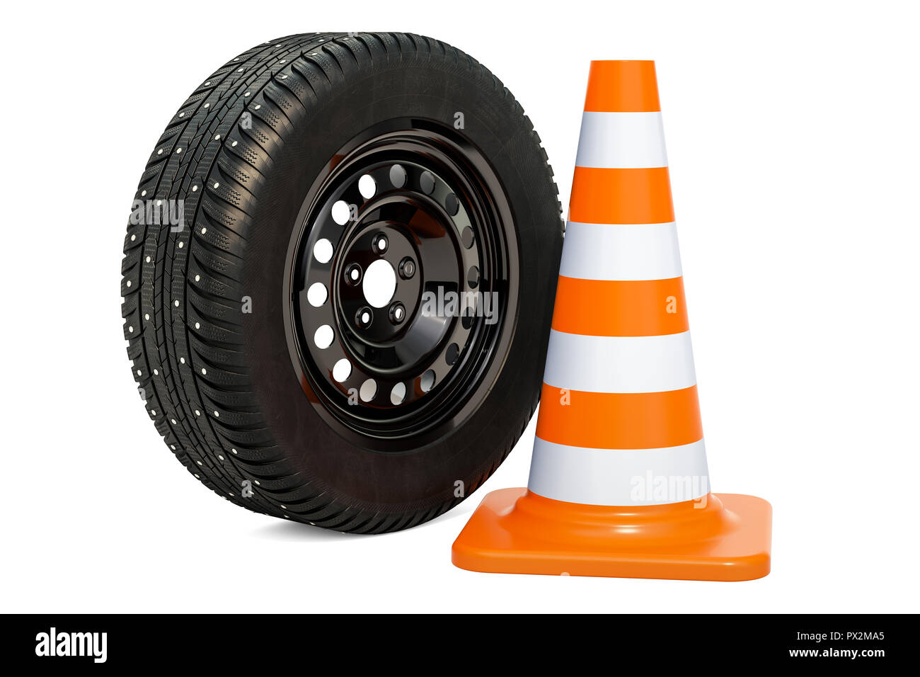 Punctured car wheel with traffic cone. 3D rendering Stock Photo - Alamy
