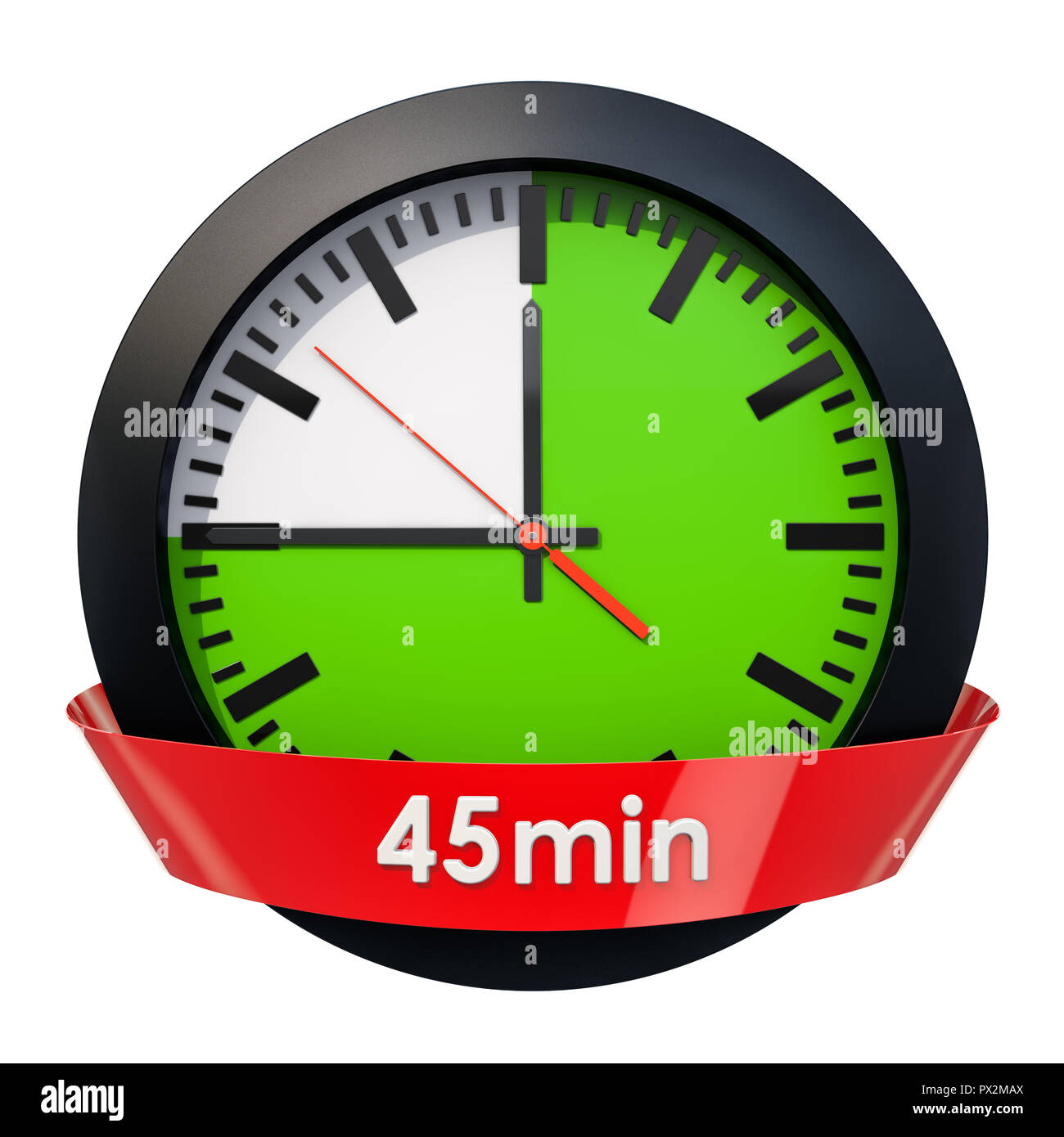 Clock face with 45 minutes timer. 3D rendering isolated on white ...