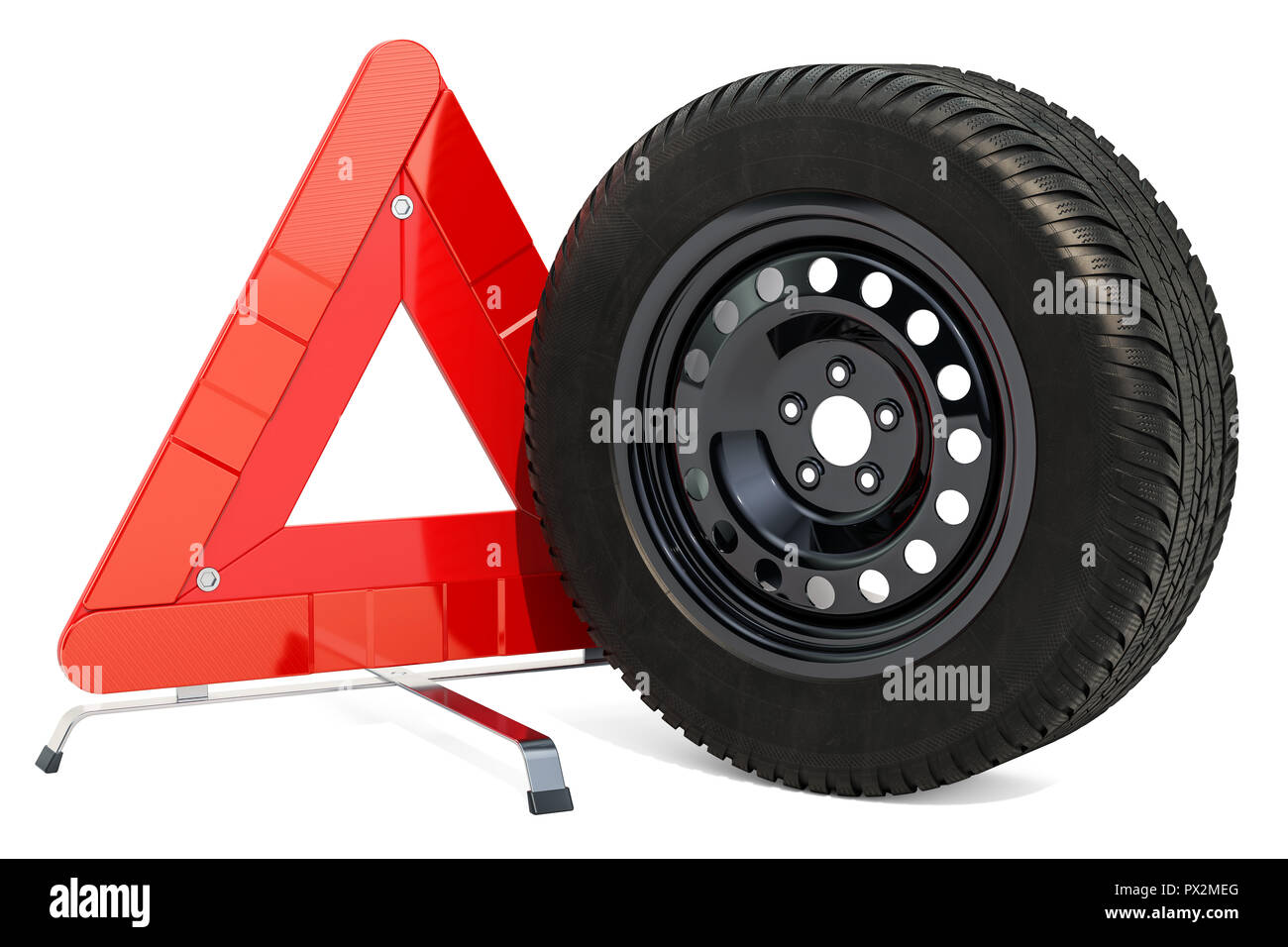Warning triangle and car wheel with winter tire. 3D rendering isolated ...