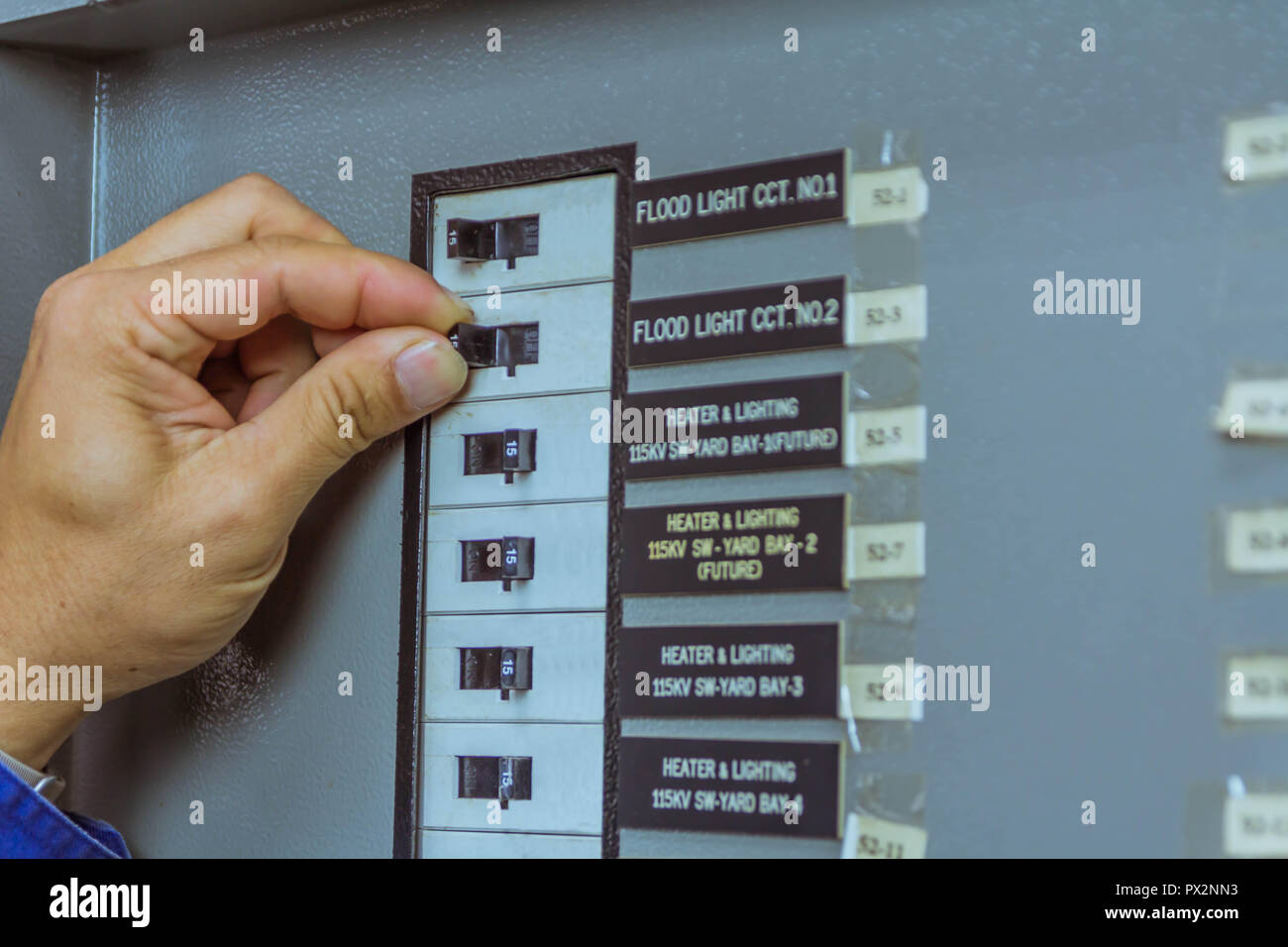 Male engineers are turn off breaker for check electrical system working ...