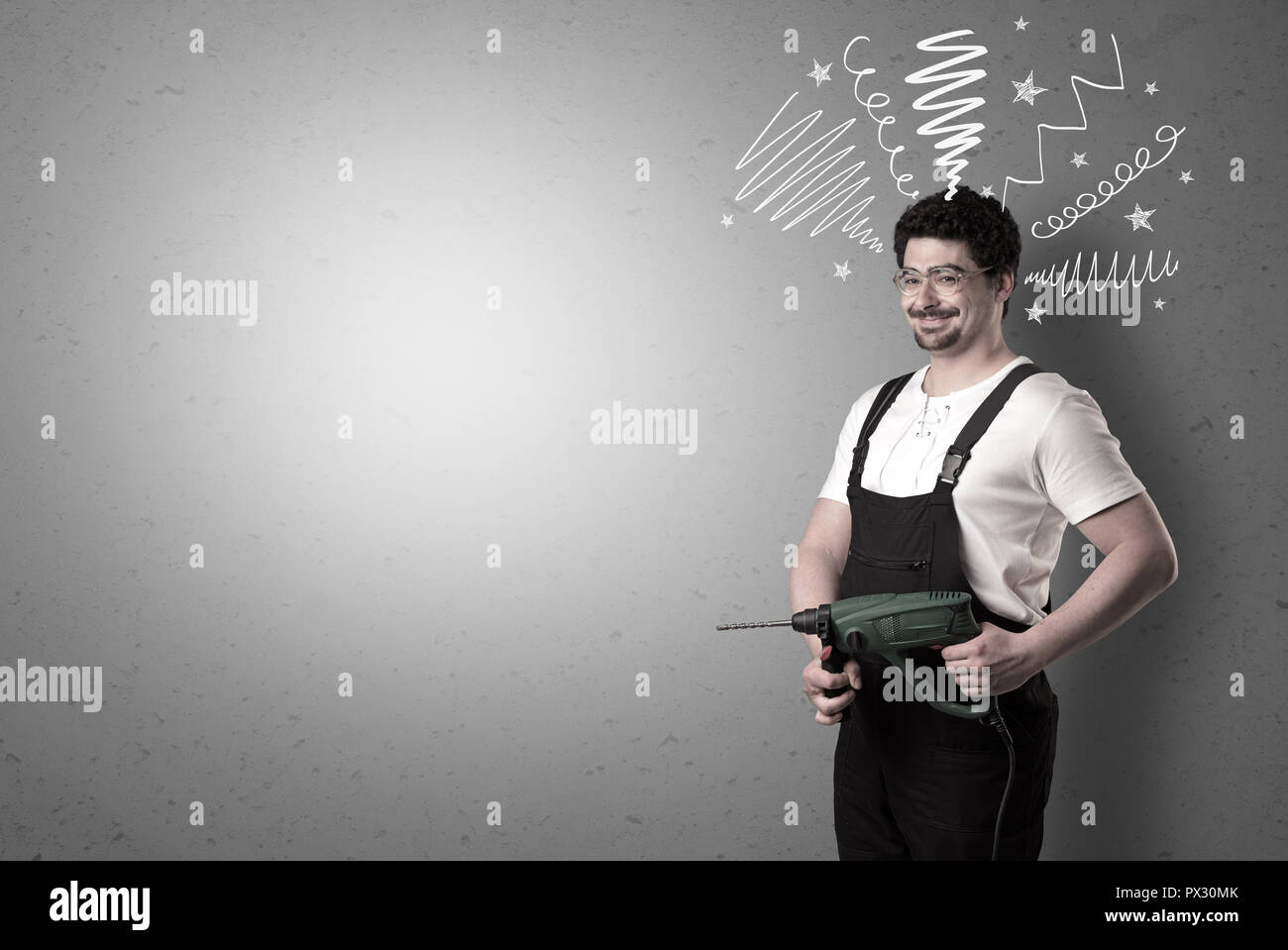 Handyman with tool in his hand and hand drawn lines above Stock Photo ...
