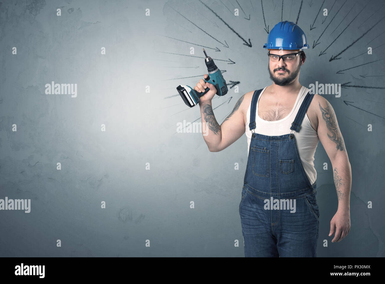 Working man with tools in his hand and arrows above his head Stock ...