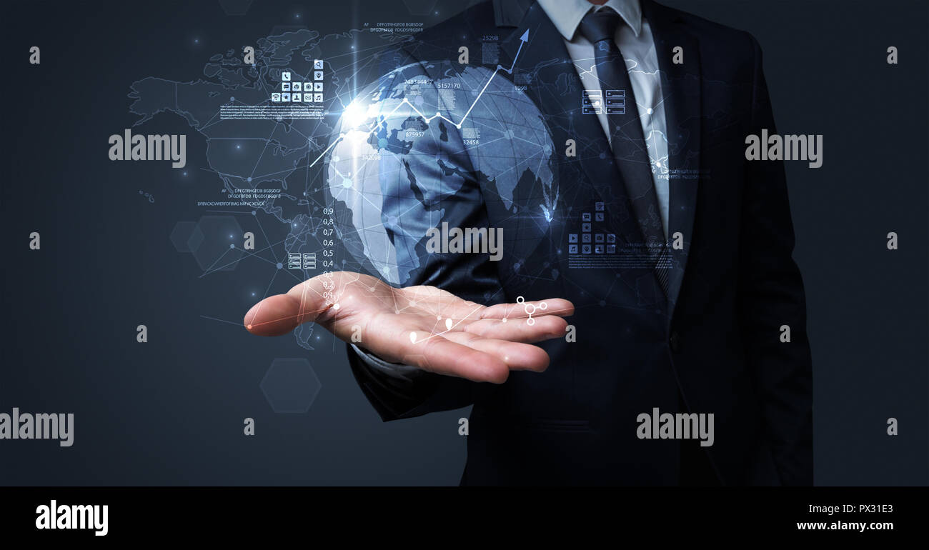 Businessman handing transparent global information flow concept on his ...