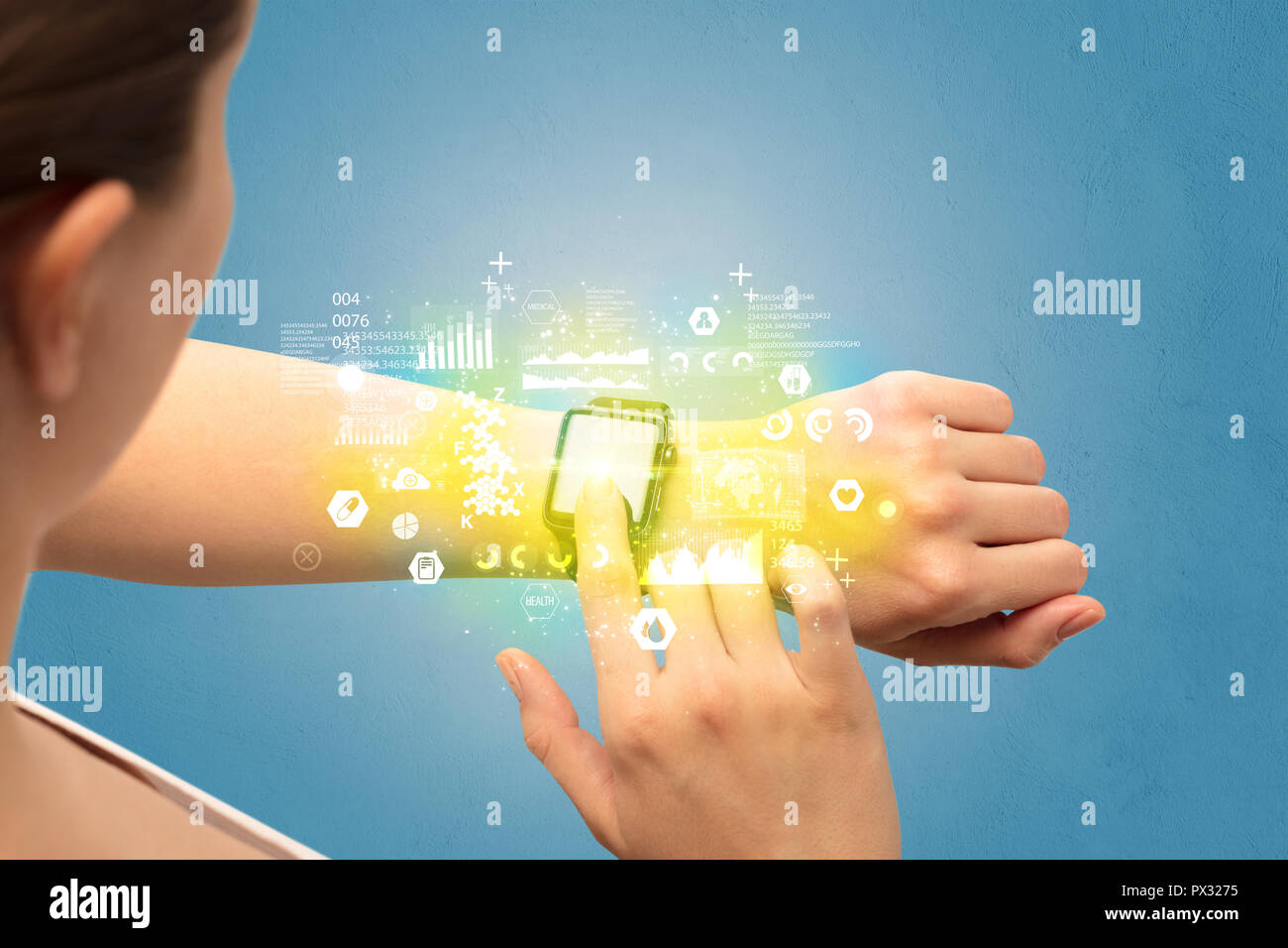 Hand with smartwatch and health medical tracker concept Stock Photo - Alamy