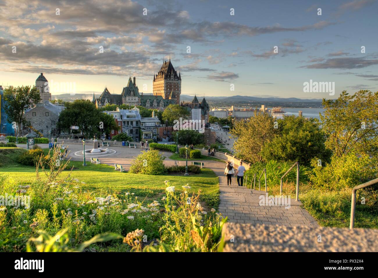 Frontenac Castle in Old Quebec City in the beautiful sunrise light ...