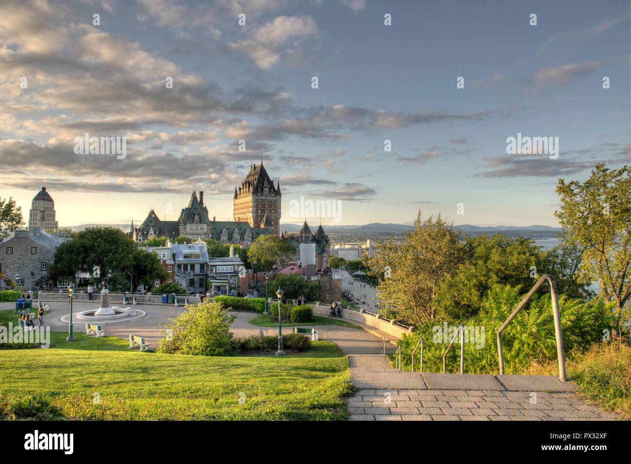 Frontenac Castle in Old Quebec City in the beautiful sunrise light ...
