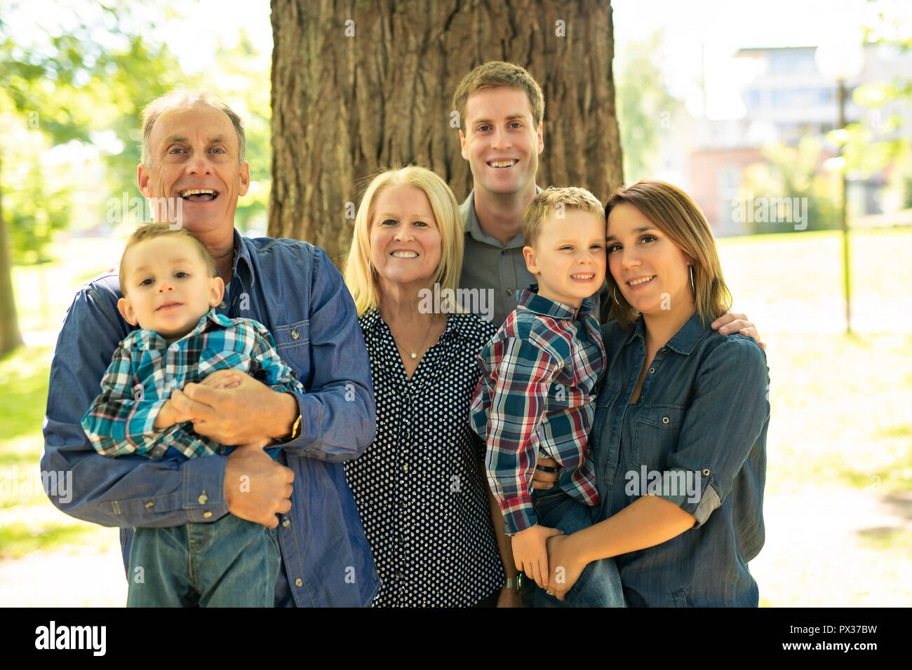 A family portrait close to a tree with grandparent Stock Photo - Alamy