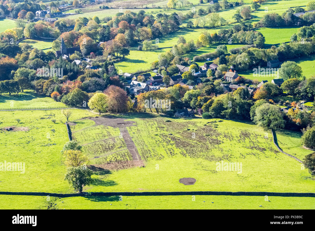 The village of Edale below Kinder Scout in The Peak District National ...