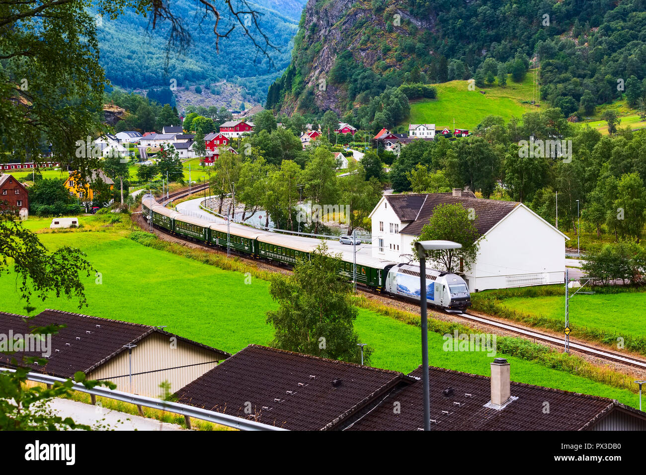 Norwegian fjord village landscape near Flam, Norway and Myrdal train and railway. Tourism ...