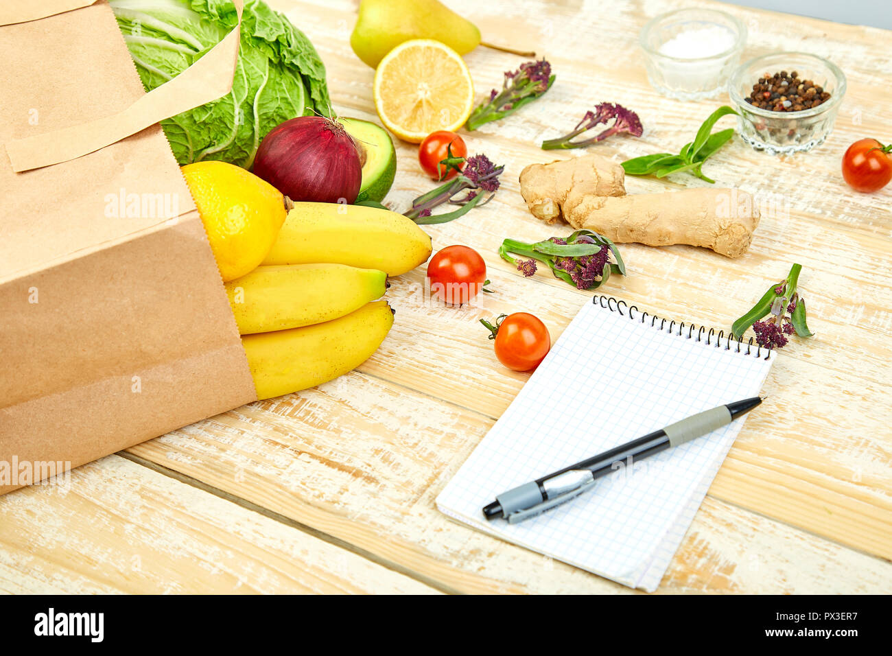 Shopping list, recipe book, diet plan. Grocering concept. Full paper ...