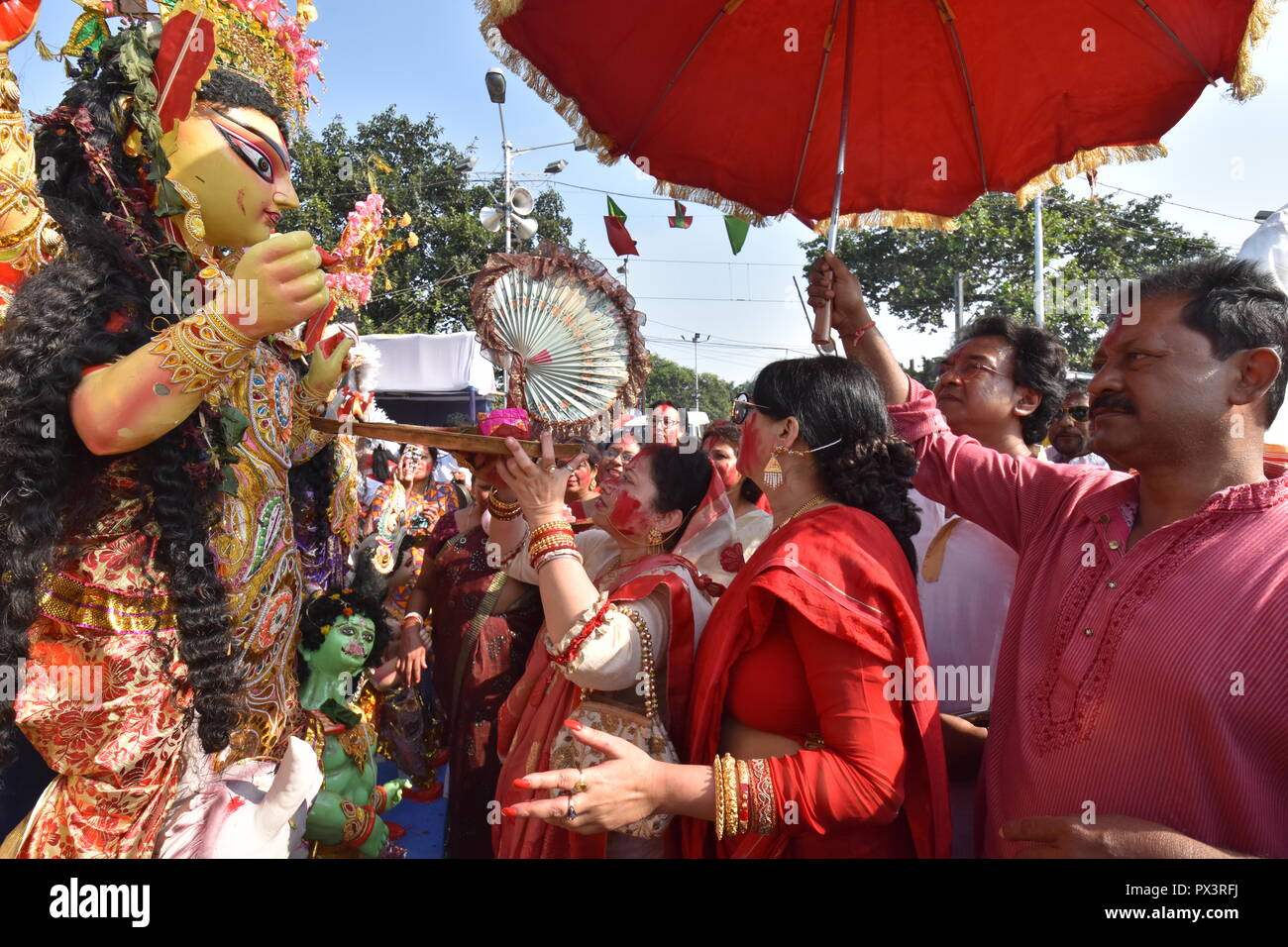 Kolkata, India. 19th October, 2018. Farewell ritual of Durga Idol ...