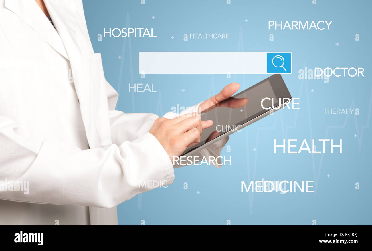 Female doctor holding tablet with blue background and search bar with ...
