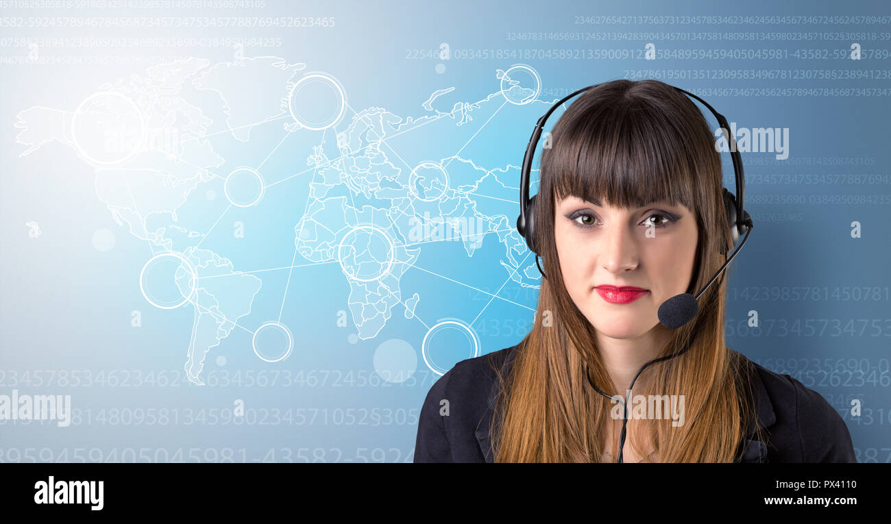 Young female telemarketer with blue background and world map and ...