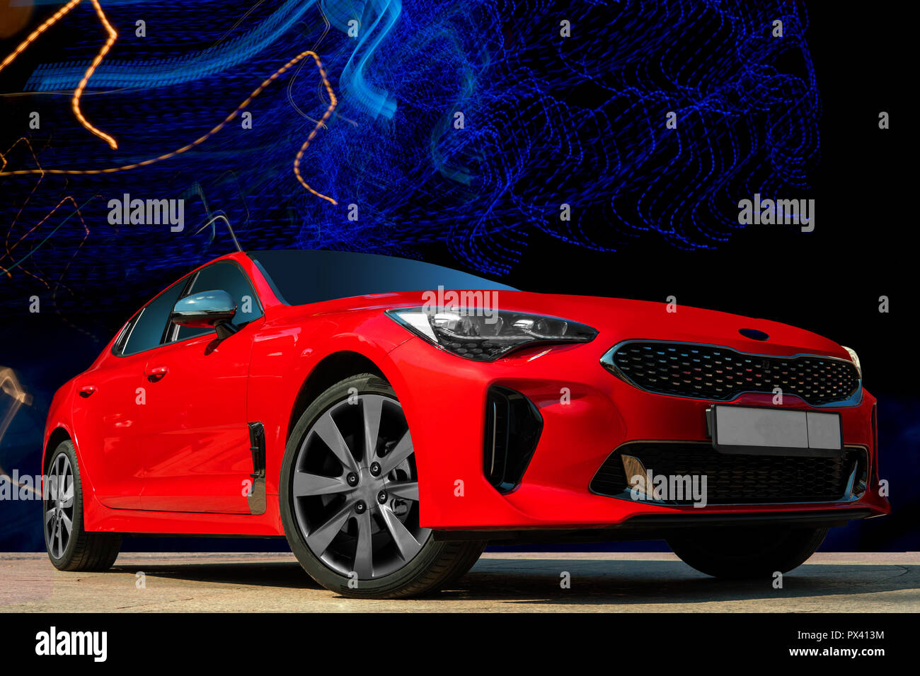 Red car on a black background. Stylish, modern, bright image of the car ...