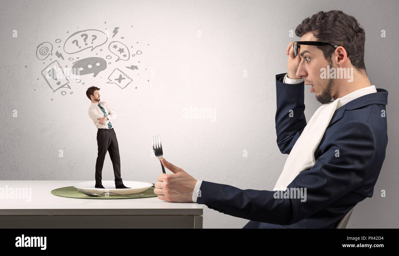 Big businessman want to eat small man with cloud messages above his ...