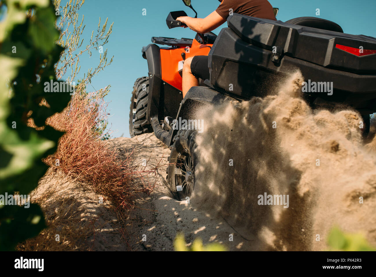 Atv rider climbing the sand mountain, back view Stock Photo - Alamy