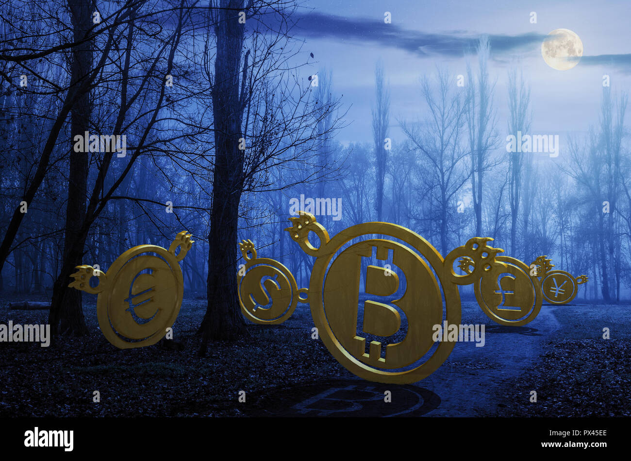 currency bears on the path through foggy forest at night in full moon ...