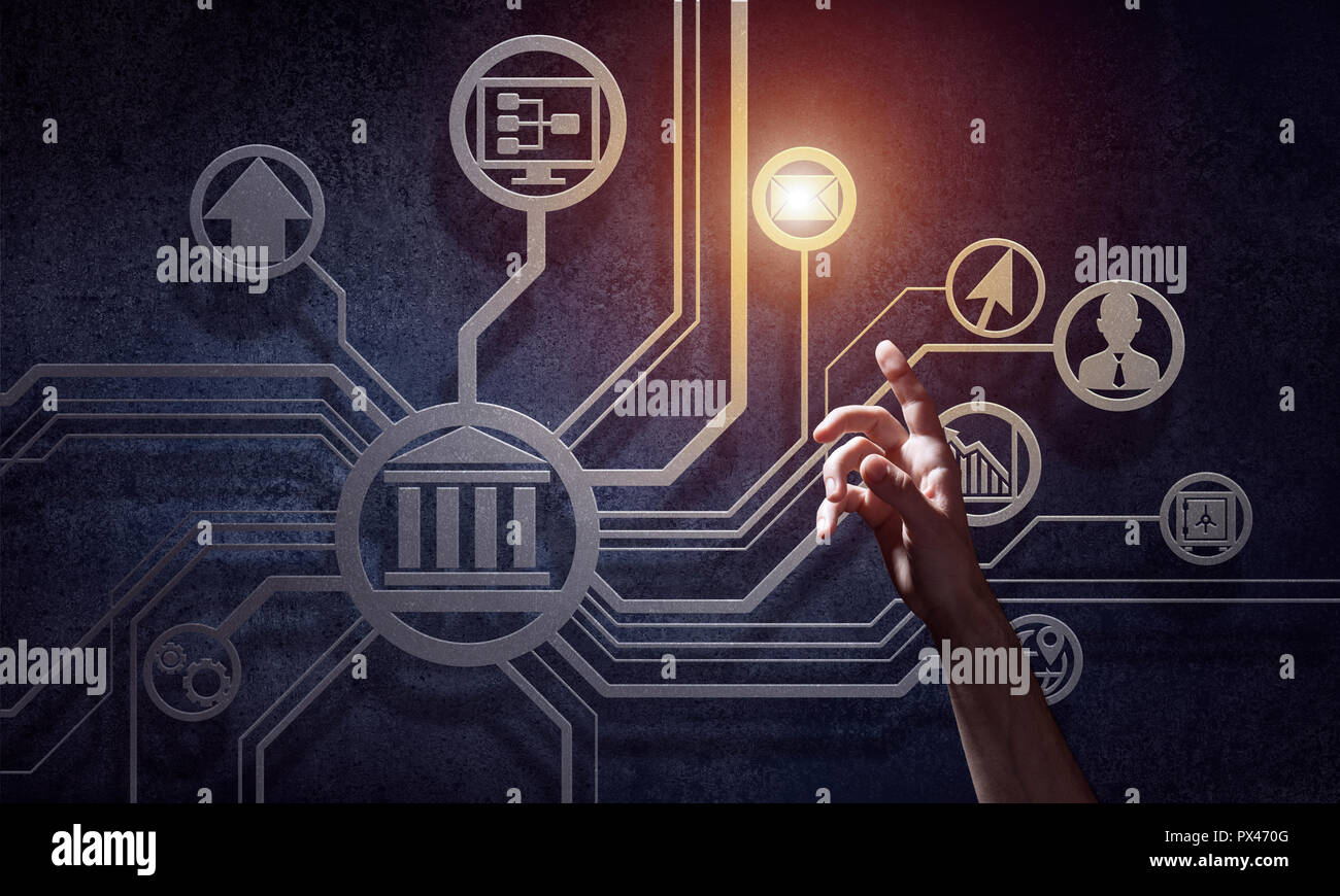 Close of businessman hand showing at user interface glowing on w Stock ...