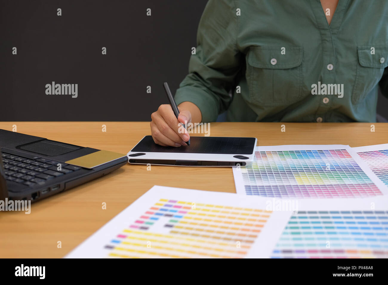 graphic interior designer working with computer. creative man drawing ...