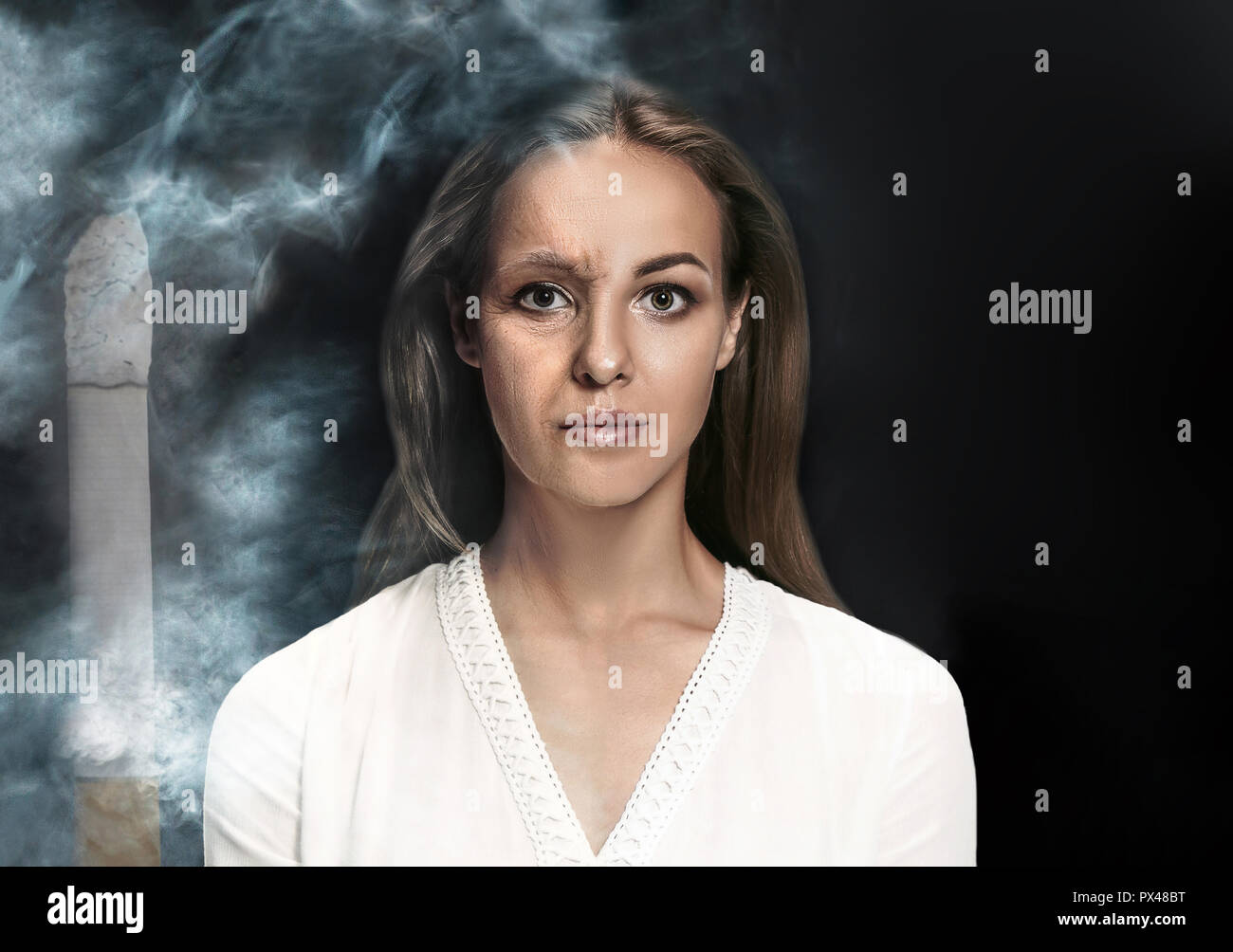 Concept - harm from smoking. Collage about aging of young woman from ...