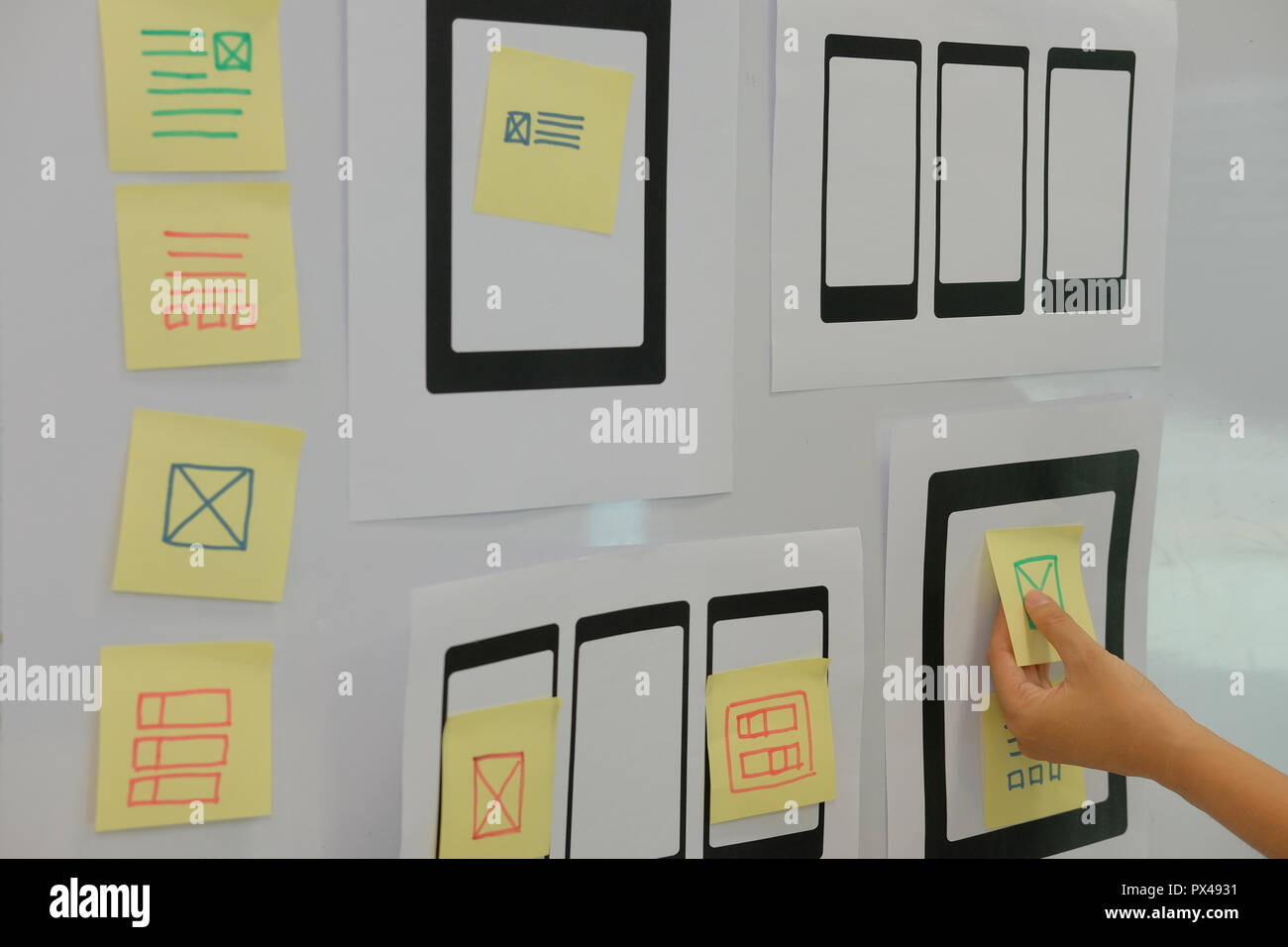 user experience, UX designer designing web on smart phone tablet layout ...