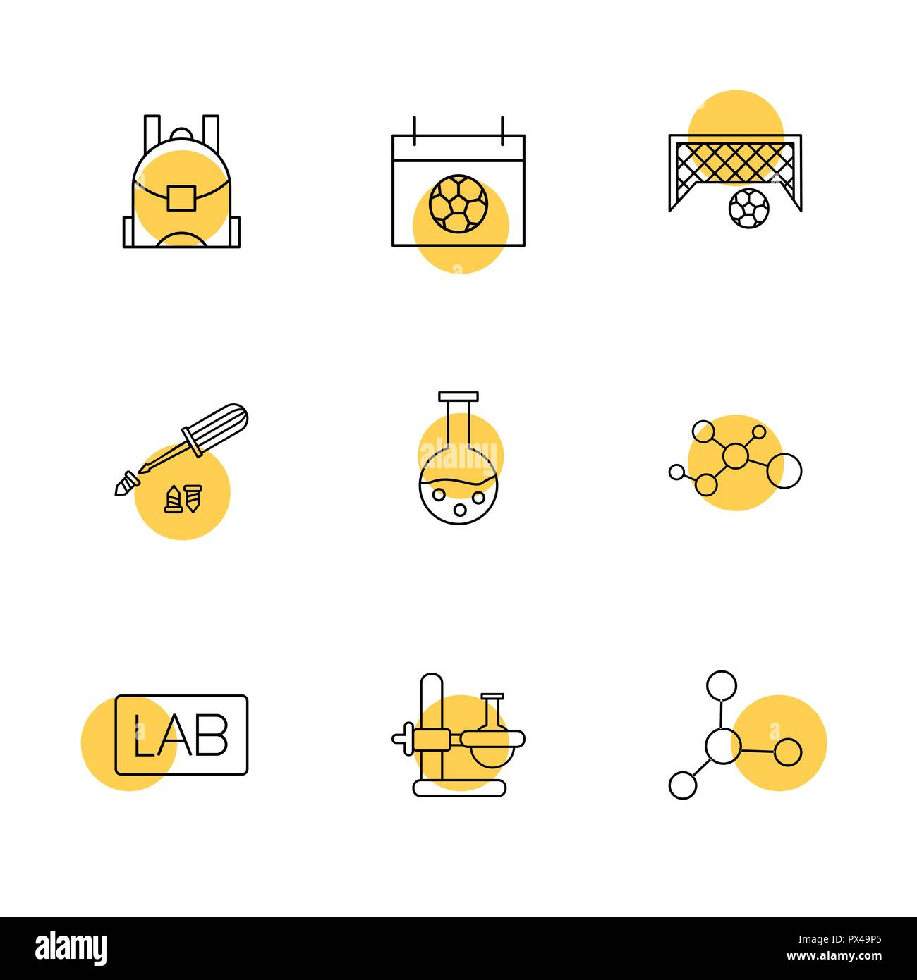 School bag , football , goal , screw driver , chmistry , beaker ,flask ...