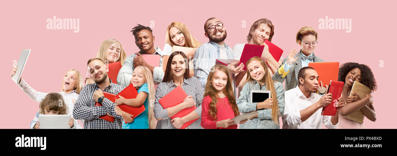 Collage about people hugging laptop. Love to computer concept ...