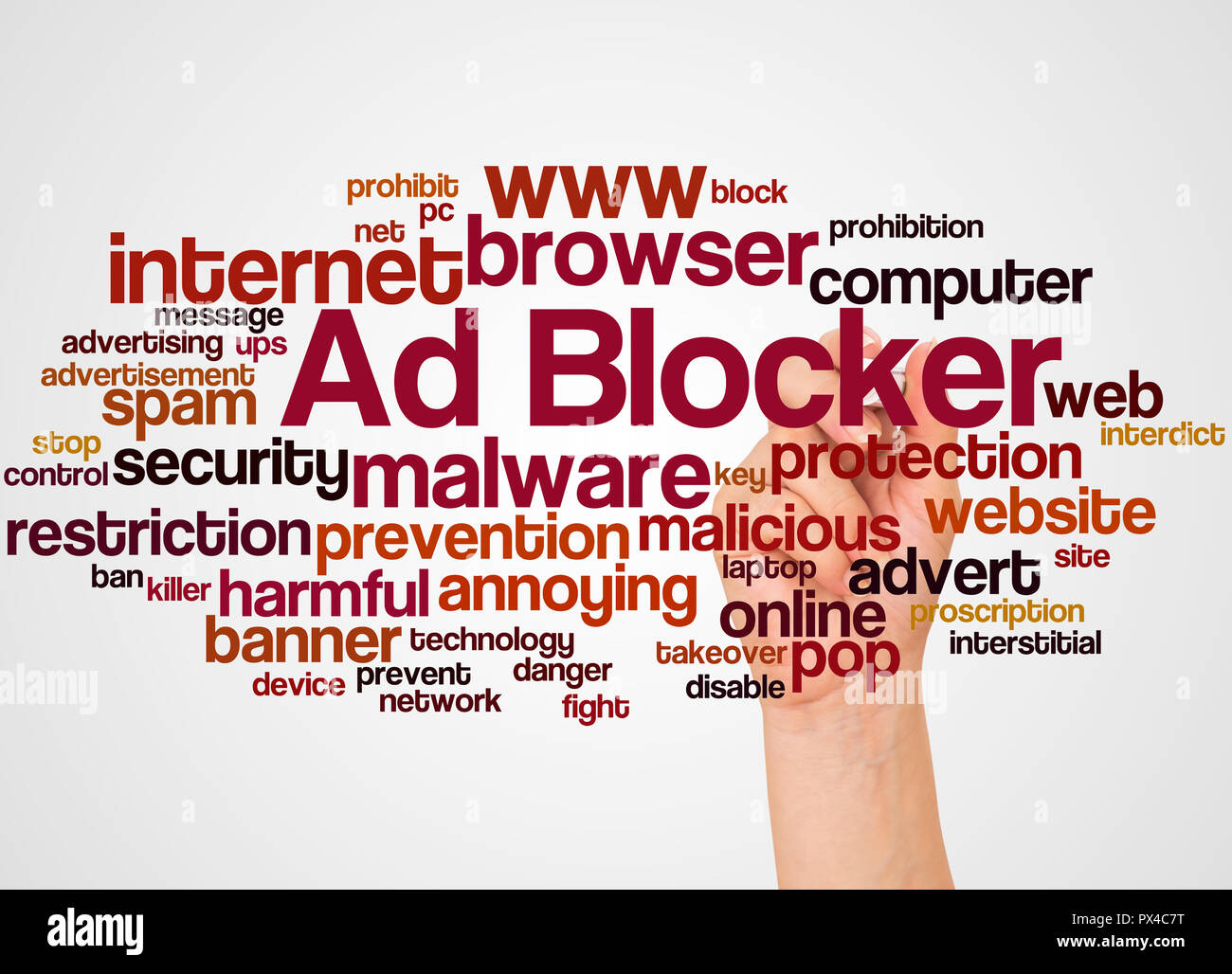 Ad Blocker word cloud and hand with marker concept on white background ...