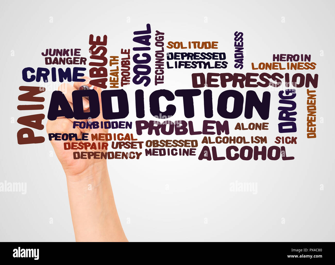Addiction word cloud and hand with marker concept on white background ...