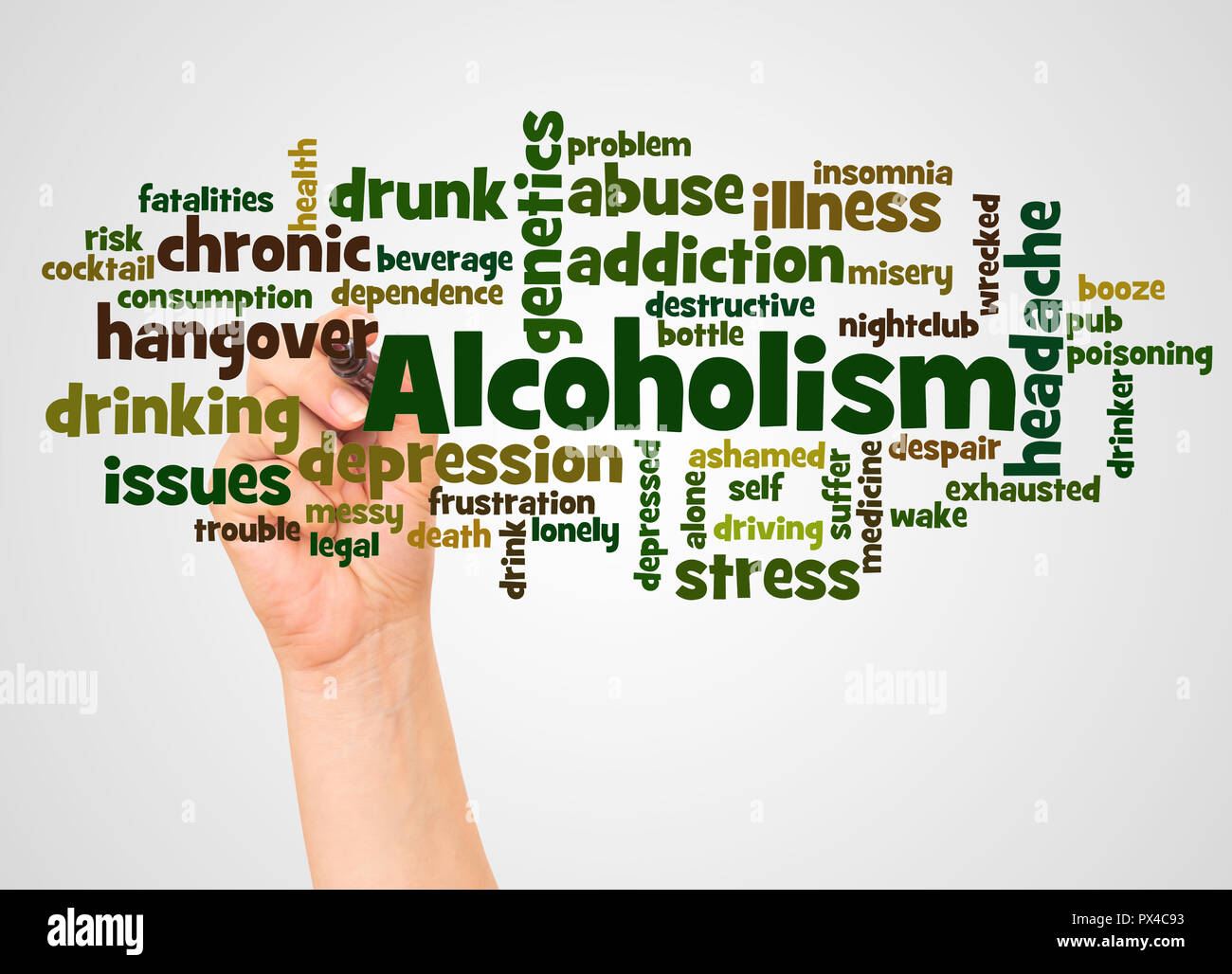 Alcoholism word cloud and hand with marker concept on white background ...