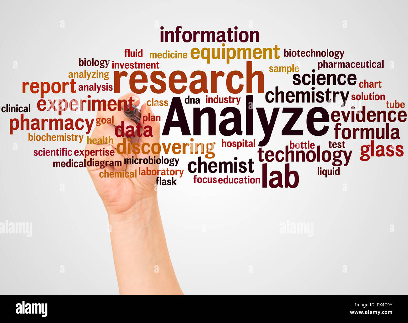 Analyze word cloud and hand with marker concept on white background ...