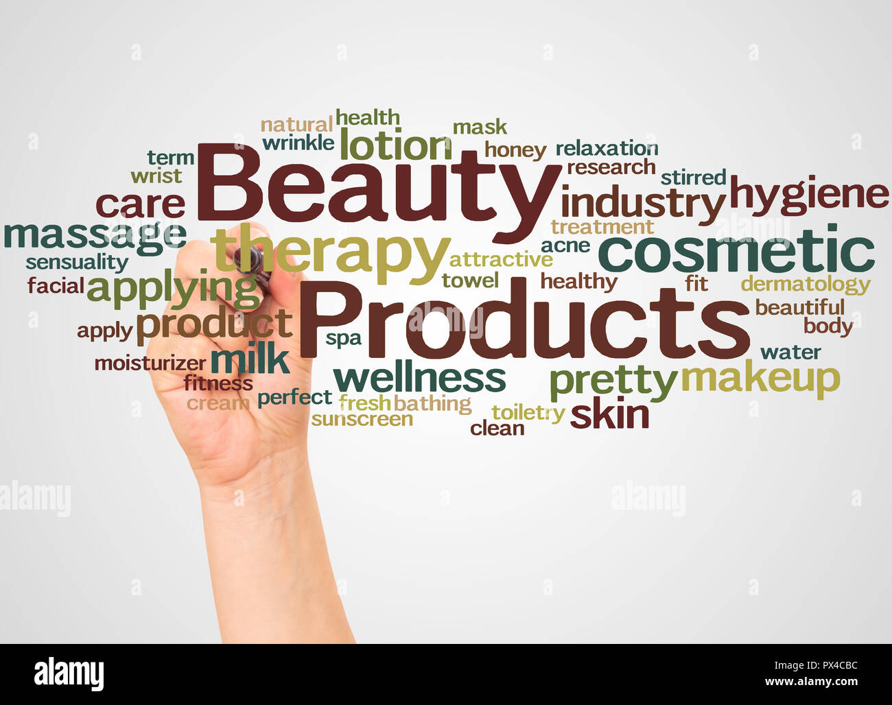 Beauty Products, word cloud and hand with marker concept on white ...