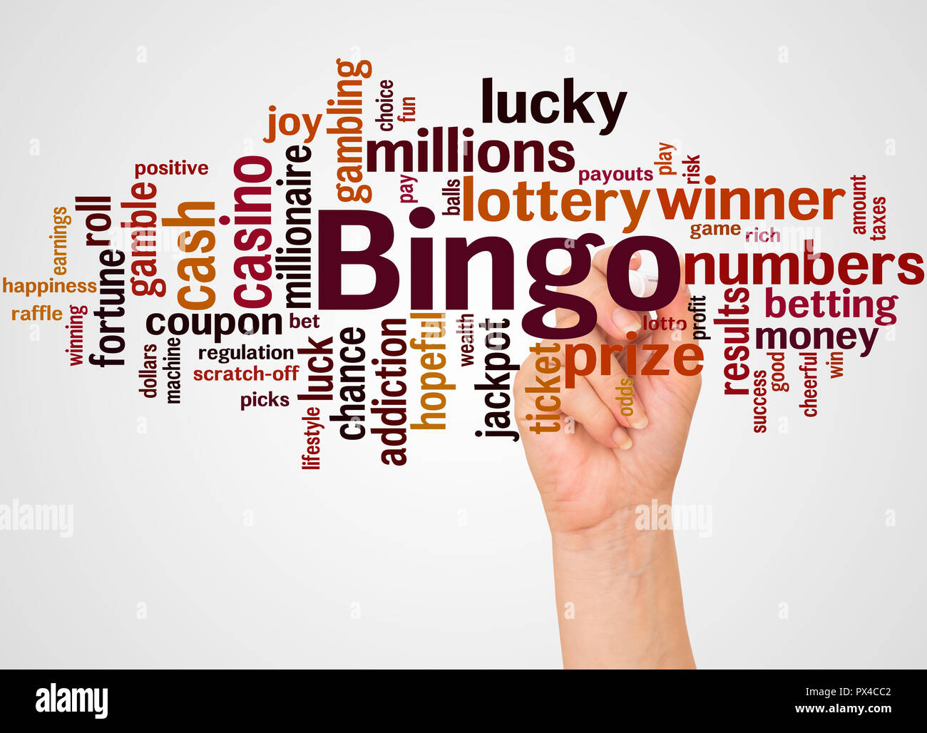 Bingo, word cloud and hand with marker concept on white background ...